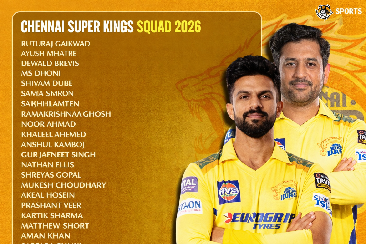 Chennai Super Kings Team Squad 2026 | CSK Player List